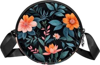 Generic Petit sac &agrave; bandouli&egrave;re circulaire pour femme, motif feuilles florales, sac &agrave; dos avec fermeture &eacute;clair, bretelles r&eacute;glables, sac &agrave; main rond d&eacute;contra