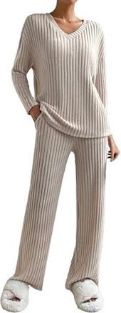 Generic Pyjama Femme Hiver Vêtements De Nuit Chaud Pantalon à Jambes Droites décontracté pour Femmes, Ensemble tricoté Ample à col en V, Mode 2024 Pyjama Femm
