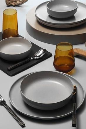 Hermia Elegant 12-Piece Dinner Set, 100% Porcelain | Includes 4 Service Plates (24 cm), 4 Plates (20 cm), 4 Bowls (15 cm) | Dishwasher & Microwave Safe