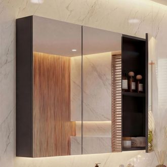 Mendler Spiegelschrank HWC-B19b, Badschrank H&auml;ngeschrank, 6 Regalb&ouml;den Hochglanz FSC-Zertifiziert 70x80x16cm - schwarz