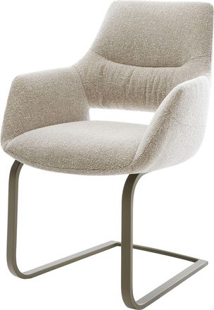 DELIFE Schwingstuhl Yago-Flex mit Armlehnen Freischwinger flach Effektfinish Titan Webstoff Soft Beige Taschenfederkern