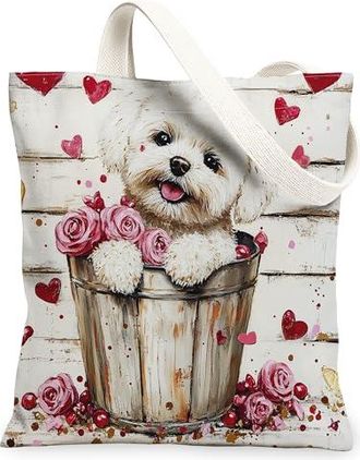 Generic Sac fourre-tout en toile motif bichon fris&eacute; pour le shopping 33 x 38 cm, sac &agrave; bandouli&egrave;re r&eacute;utilisable pour femme, peinture danimaux domestiques, d&eacute;c
