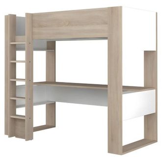Vente-Unique Vente-Unique - Lit mezzanine 90 x 200 cm avec bureau et rangements - Ch&ecirc;ne et blanc - &Eacute;tag&egrave;res int&eacute;gr&eacute;es - Fabriqu&eacute; en Europe