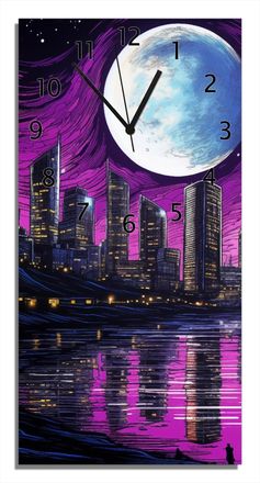 Wallario Design-Wanduhr, Acrylglasuhr Größe 30 x 60 cm, Schwarze Zeiger, Motiv Mond über der Stadt