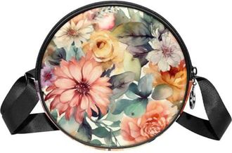Generic Petit sac &agrave; bandouli&egrave;re circulaire pour femme, motif feuilles florales, sac &agrave; dos avec fermeture &eacute;clair, bretelles r&eacute;glables, sac &agrave; main rond d&eacute;contra