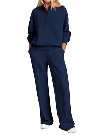 PrettyGarden 2-teiliges Damen-Outfit, Sweatsuits, Viertelknopf, lang&auml;rmelig, Sweatshirt, weites Bein, Hose, Trainingsanzug, Lounge-Sets, Marineblau, XX-Large
