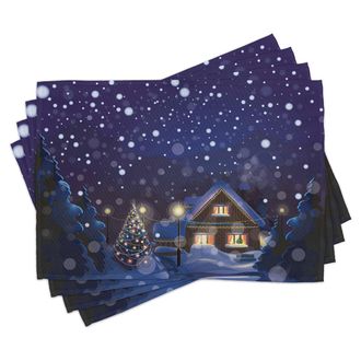Abakuhaus Weihnachten Platzmatten, Winter-Nacht Haus, Waschbare Stoff Esszimmer Küche Tischdekorations Digitaldruck, Marineblau Gelb