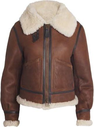 Generic Veste aviateur en peau de mouton faite à la main pour femme avec doublure en fourrure synthétique - Manteau dhiver classique en peau de mouton marron,