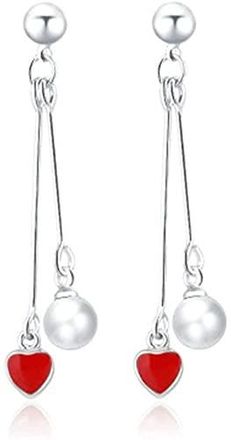 Generic 1 Paire Dame Fille Crochet Boucles doreilles Clip Argent Perle Rouge Coeur Pendentif Oreille Goujons Bijoux Accessoires Amour Cadeau Durable et utileT