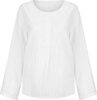 Generic Chemise en lin &agrave; manches longues pour femme - T-shirt en coton &agrave; col en V pour femme - Chemise l&eacute;g&egrave;re pour femme - Taille unique - Coupe d&eacute;contract&eacute;e 