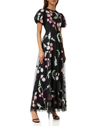 Maya Damen Womens Maxi Dress Ladies Floral Embroidered Open Back Puff Sleeves Dress for Wedding Guest Bridesmaid Prom Occasion Kleid, Black