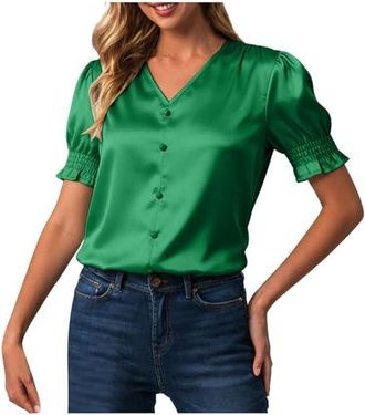 Generic Haut Femme Chemisier en Satin avec Brillance pour Femme, Chemise &Agrave; Manches Courtes pour Dames, Col Rond, Couleur Unie, Basique, D&eacute;contract&eacute;, pour Sort