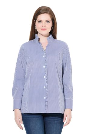 Ulla Popken Damen gro&szlig;e Gr&ouml;&szlig;en &Uuml;bergr&ouml;&szlig;en Plus Size Streifenbluse, R&uuml;schen, Stehkragen, Langarm