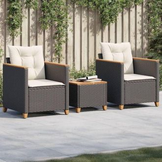 vidaXL Vidaxl - Ensemble de bistro 3 pcs et coussins noir r&eacute;sine tress&eacute;e acacia