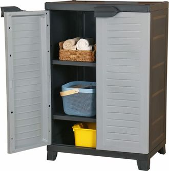 tidyard Gartenschrank mit 2 Türen und 3 Fachböden Geräteschuppen Kunststoffschrank Spindschrank Schrank Spind Terrassenschrank Balkonschrank Kunststoff 65x45x