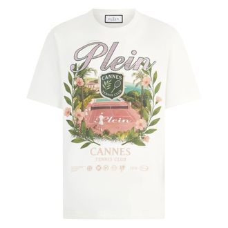 Philipp Plein Round Neck T-Shirt Cannes Tennis Club - - Tops - Herren - Wei&szlig; - XL