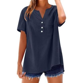 Generic T-shirt d&eacute;t&eacute; en coton pour femme - Couleur unie - Col en V - Manches courtes - L&eacute;ger et a&eacute;r&eacute; - Chemisier daffaires avec poche - Hauts d&eacute;t&eacute; amples - Ch