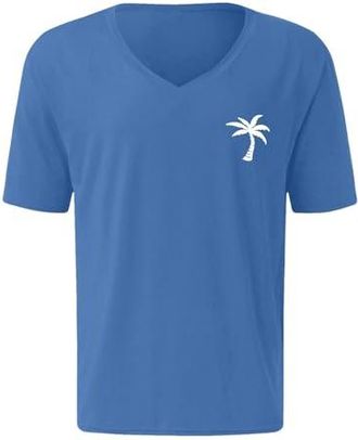 Generic T-shirt moyen imprimé noix de coco col en V à manches courtes, bleu, 5XL