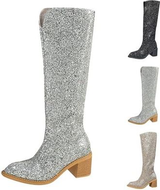 Generic Bottines &agrave; paillettes pour femme avec strass et talons &eacute;pais avec fermeture &eacute;clair lat&eacute;rale, bout rond, talon bloc bas, court, habill&eacute;, confortable, d