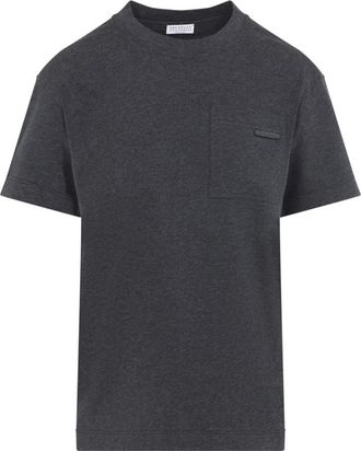 Brunello Cucinelli Femme, Tops, Gris, Taille: 38 FR T-shirt ras du cou avec poche Monili
