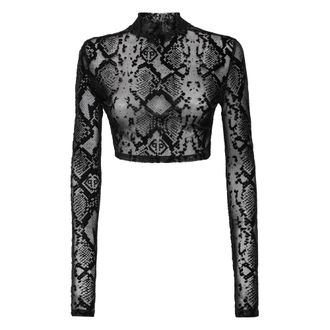 Philipp Plein Stretch T&uuml;ll Langarm Crop Top - - Tops - Damen - Schwarzk - XS