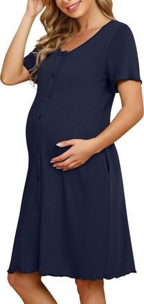 KOJOOIN Damen Nachthemd Geburt Stillnachthemd Kurzarm Nachtw&auml;sche Baumwolle Umstandsnachthemd mit Durchgehender Knopfleiste Nachtkleid DunKelblau(Kurzarm) XL
