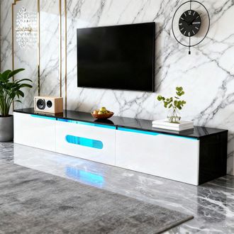 Generic Schwarz-weißer TV-Schrank, 180 cm lang, Hochglanzoberfläche, mit 16-Farbiger LED-Beleuchtung, wandmontierbar (White)