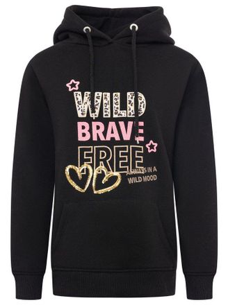 Zwillingsherz Hoodie Wild Brave Free gestickter Schriftzug, mit Pailletten, Leomuster, Fronttasche, Kapuze