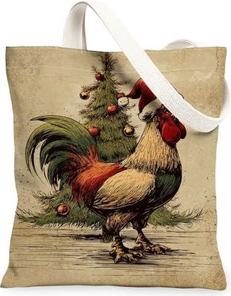 Generic Sacs fourre-tout en toile motif de coq de No&euml;l, sacs d&eacute;picerie r&eacute;utilisables, l&eacute;gers et lavables, multicolore, 13x15 Inch
