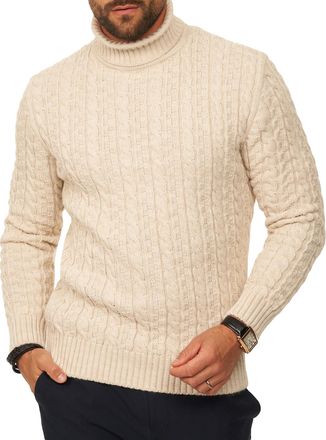 Behype. Herren Rollkragenpullover als Strickpullover in Grobstrick mit Zopfmuster - Winterpullover im Regular-Fit - Warmer Rolli Pulli f&uuml;r M&auml;nner DC_7801-Beig