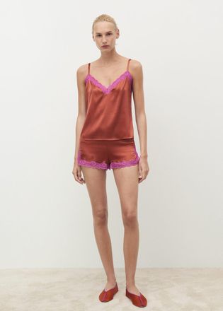 Mango Seidenshorts mit kontrastfarbiger Spitzenborte braun - Damen - S - MANGO