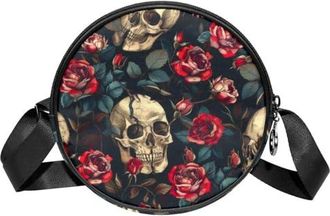 Generic Petit sac &agrave; bandouli&egrave;re circulaire pour femme, motif cr&acirc;nes, fleurs, petit sac &agrave; bandouli&egrave;re avec fermeture &eacute;clair, bretelles r&eacute;glables, sac &agrave; main ro