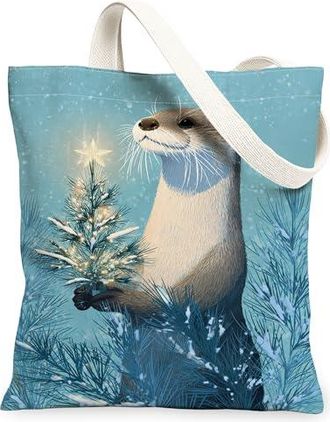Generic Sac fourre-tout en toile motif loutre de No&euml;l, motif animal mignon, r&eacute;utilisable, sac dhiver l&eacute;ger et lavable pour voyage, pique-nique, 33 x 38 cm