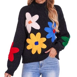 Generic Pull en tricot &agrave; manches longues pour femme, coupe d&eacute;contract&eacute;e, motif floral mignon, col montant, noir, taille S pour un usage quotidien, le travail 
