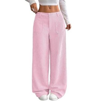 Generic Pantalon baggy en velours côtelé taille haute élastique pour femme, pantalon palazzo décontracté et confortable avec poches, rose, XS