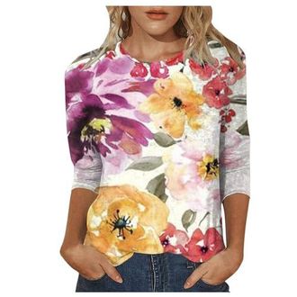 Generic T-shirt d&eacute;contract&eacute; pour femme avec imprim&eacute; floral, col rond, manches 3/4, coupe ample, Rose, XXL