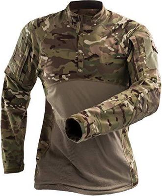 Onsoyours Hommes Slim Fit Militaire Tactique Tactique 1/4 Devant Zip Camouflage Airsoft Chemises en Plein Air Combat Manches Longues T Shirt Sportswear A Marron