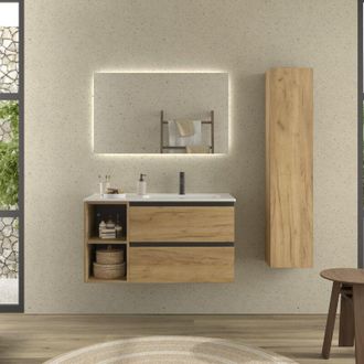 Cygnus Bath Meuble de salle de bain BEQUIA PLUS METAL 90cm Ch&ecirc;ne Vasque Porcelaine Robinet &agrave; droite 2H