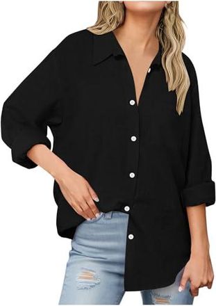 Generic Chemise surdimensionn&eacute;e pour femme - Chemise d&eacute;contract&eacute;e &agrave; manches longues boutonn&eacute;es avec poche avant - Col uni - Tunique &agrave; col uni - Grande taille 