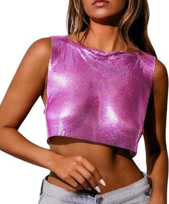 Generic D&eacute;bardeur &agrave; paillettes pour femme - D&eacute;contract&eacute; - Col bateau brillant - Sans manches - Pour sortir - Chemisier d&eacute;t&eacute; &agrave; paillettes scintillantes 2025 - 