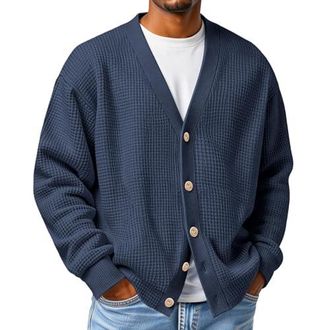 Generic Cardigan pour homme en tricot gaufr&eacute; textur&eacute; &agrave; manches longues, col en V, ouvert sur le devant, l&eacute;ger et d&eacute;contract&eacute;, bleu marine, XXL
