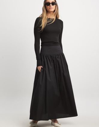 NA-KD Jupe longue en coton fronc&eacute; - Noir