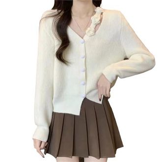 Generic Cardigan en tricot pour femme - Style cor&eacute;en - Style d&eacute;contract&eacute;, beige, Taille XS