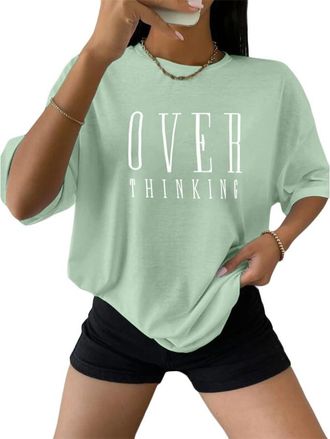 TOMWELL Damen Tshirt Kurzarm Sommer Oberteile Oversized T-Shirt mit Buchstaben Druck Lose Rundhals Sport Shirt Teenager M&auml;dchen Top Tunika Lang A Hellgr&uuml;n XXL