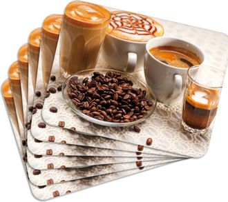 MG Design Set aus 6 Kork-Platzsets - Coffee 6 - 30 x 40 cm - hitzebest&auml;ndig & abwischbar, mit Korkr&uuml;ckseite