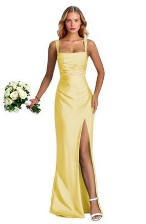 Generic Robe de demoiselle dhonneur en satin pour femme - Robe de bal sir&egrave;ne - Bretelles spaghetti - Corset long pliss&eacute; - Robe de soir&eacute;e formelle avec fente, 