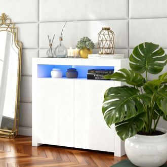 Generic Kommode Sideboard in Weiß Hochglanz mit LED-Beleuchtung - Moderner Aufbewahrungsschrank und TV-Ständer in Holzoptik (300315316AAW)