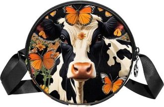Generic Sac &agrave; bandouli&egrave;re rond pour femme, motif vache, papillons, fleurs, petit sac &agrave; bandouli&egrave;re avec fermeture &eacute;clair, bretelles r&eacute;glables, sac &agrave; main rond