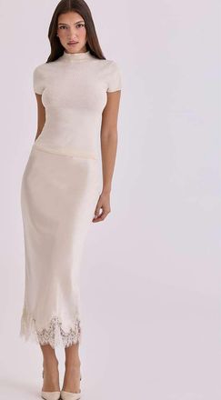 House of CB Ciara - Jupe vintage mi-longue en satin et dentelle - Ivoire-Blanc