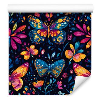 OEM Carta Da Parati Con Farfalle Colorate Blu Navy, Nere E Bordeaux 50x1000 Cm